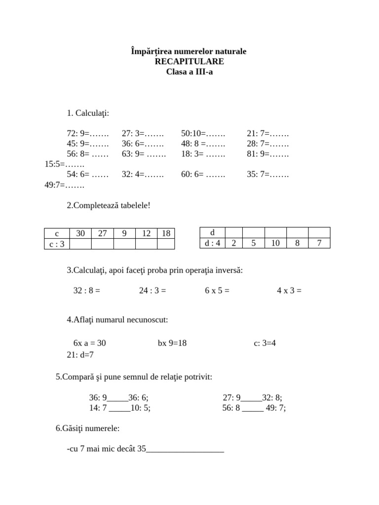 Fisa de Lucru Recapitulare Impartirea Numerelor Naturale Clasa A Iiia | PDF