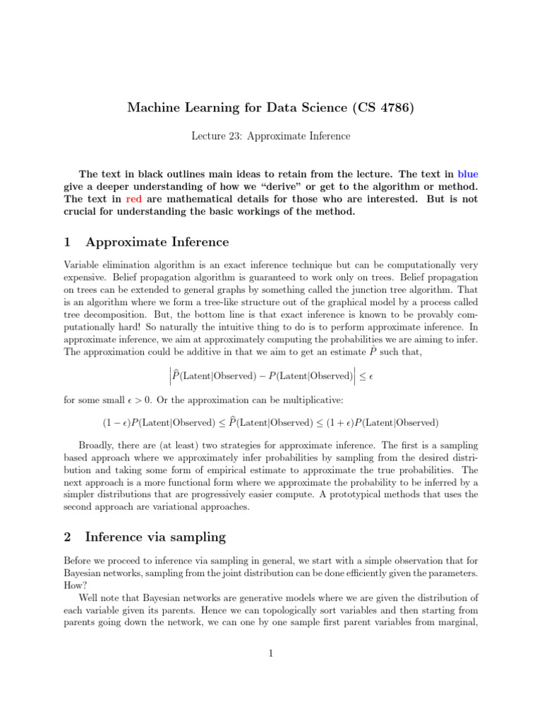 Machine Learning For Data Science (CS 4786) : Lecture 23: Approximate Inference | PDF