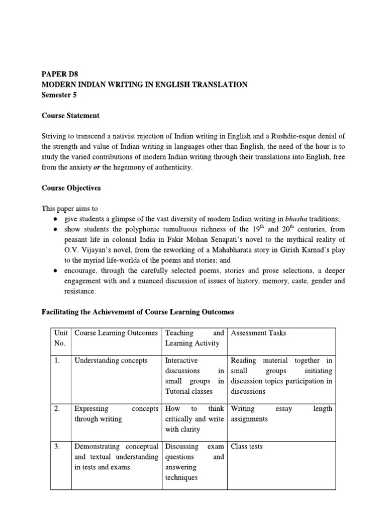 DSE Modern Indian Writing in English Translation | PDF