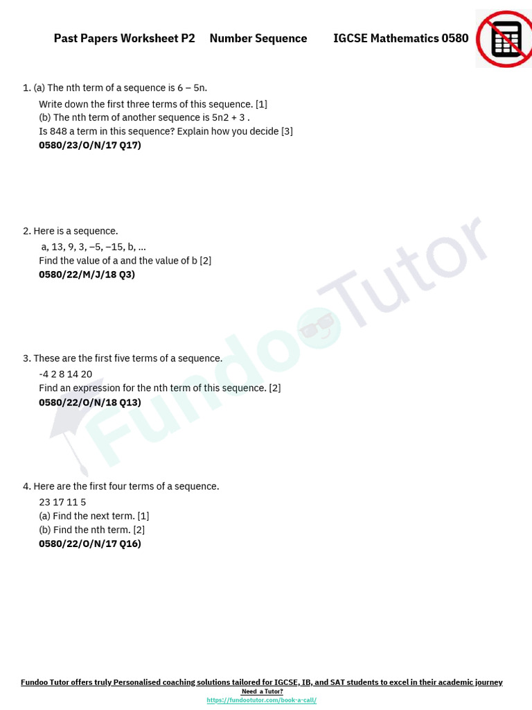 Igcse Math 0580 Number Sequence Past Paper Worksheet P2 Pdf