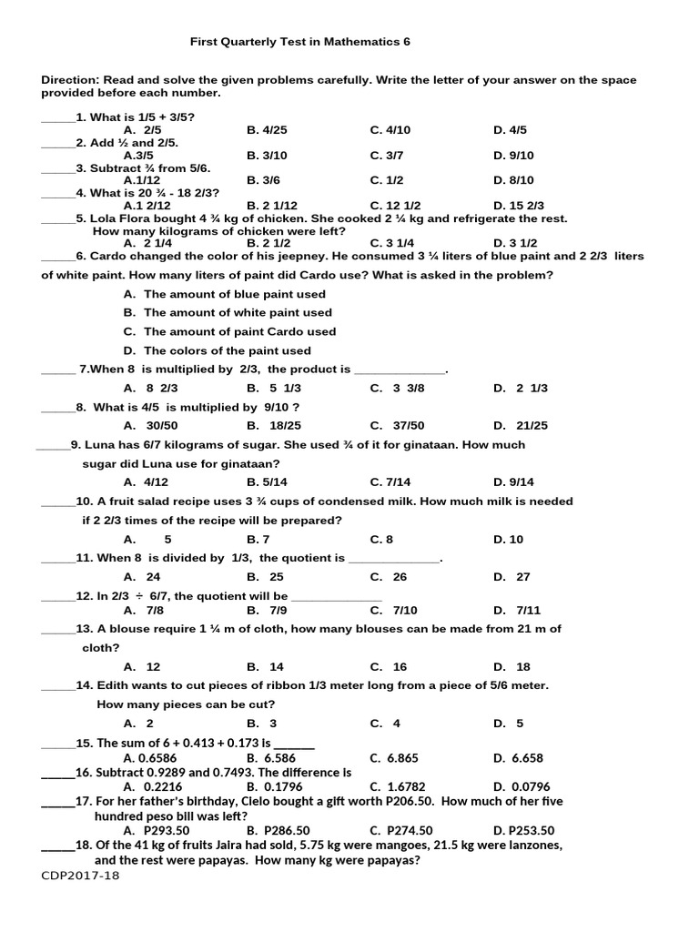 PT - Mathematics 6 - Q1 | PDF