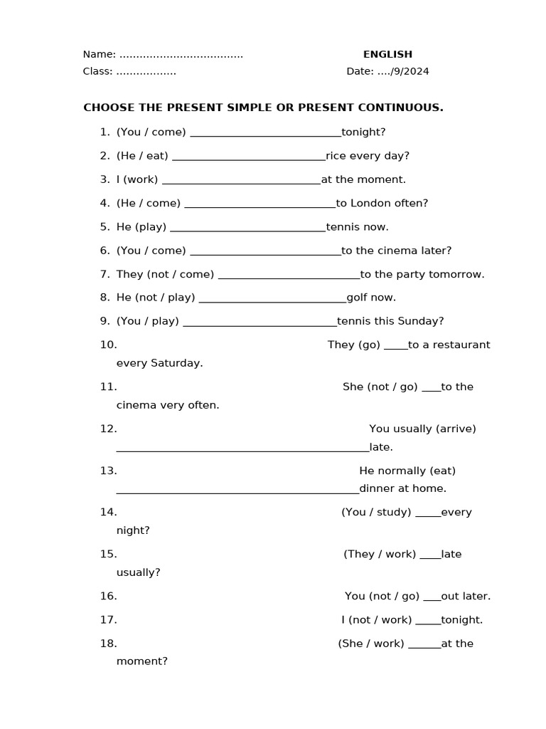 Present Simple and Present Continuous - Exercises | PDF