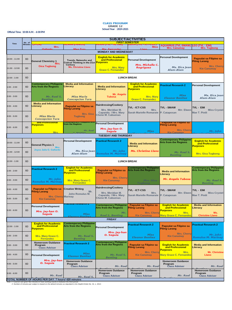 SHS Class Schedule 2024 2025 Revised 3 | PDF