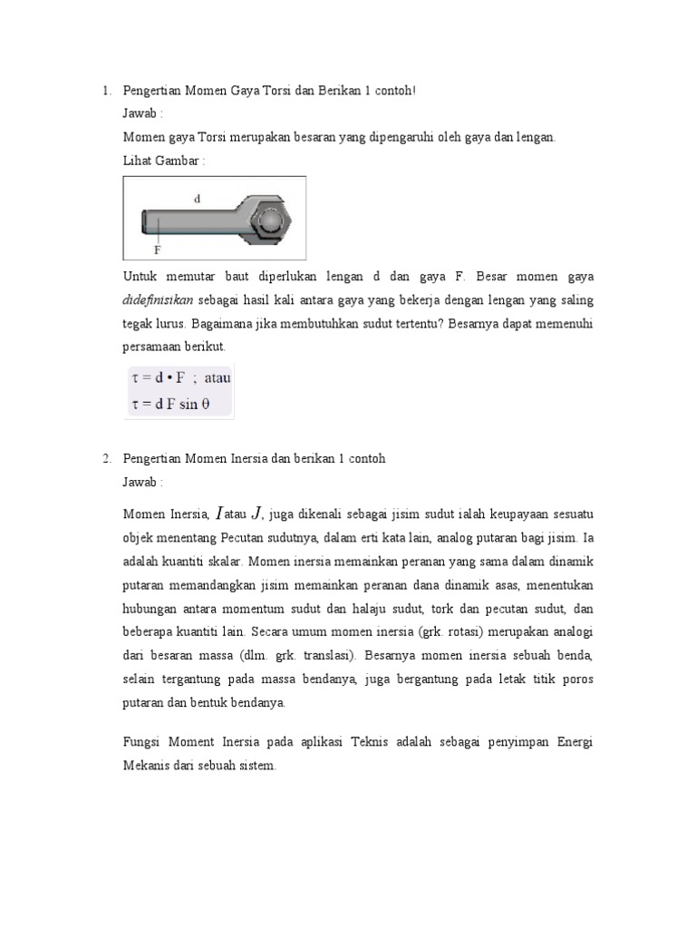 Pengertian Momen Gaya Torsi Dan Berikan 1 Contoh | PDF