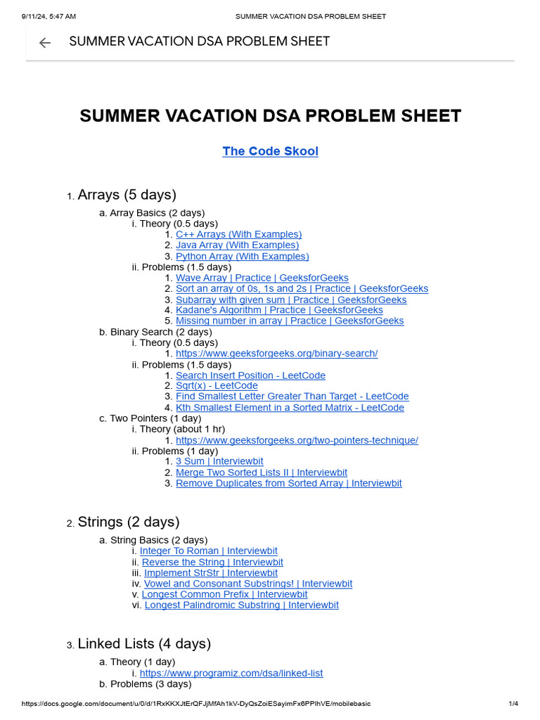 Summer Vacation Dsa Problem Sheet | PDF