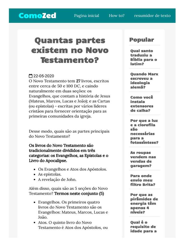 Quantas Partes Existem No Novo Testamento?: Comozed | PDF