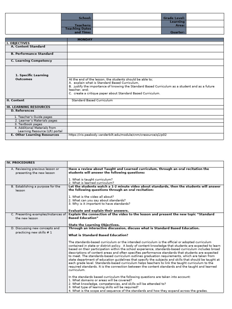 Standard Based Curriculum | PDF