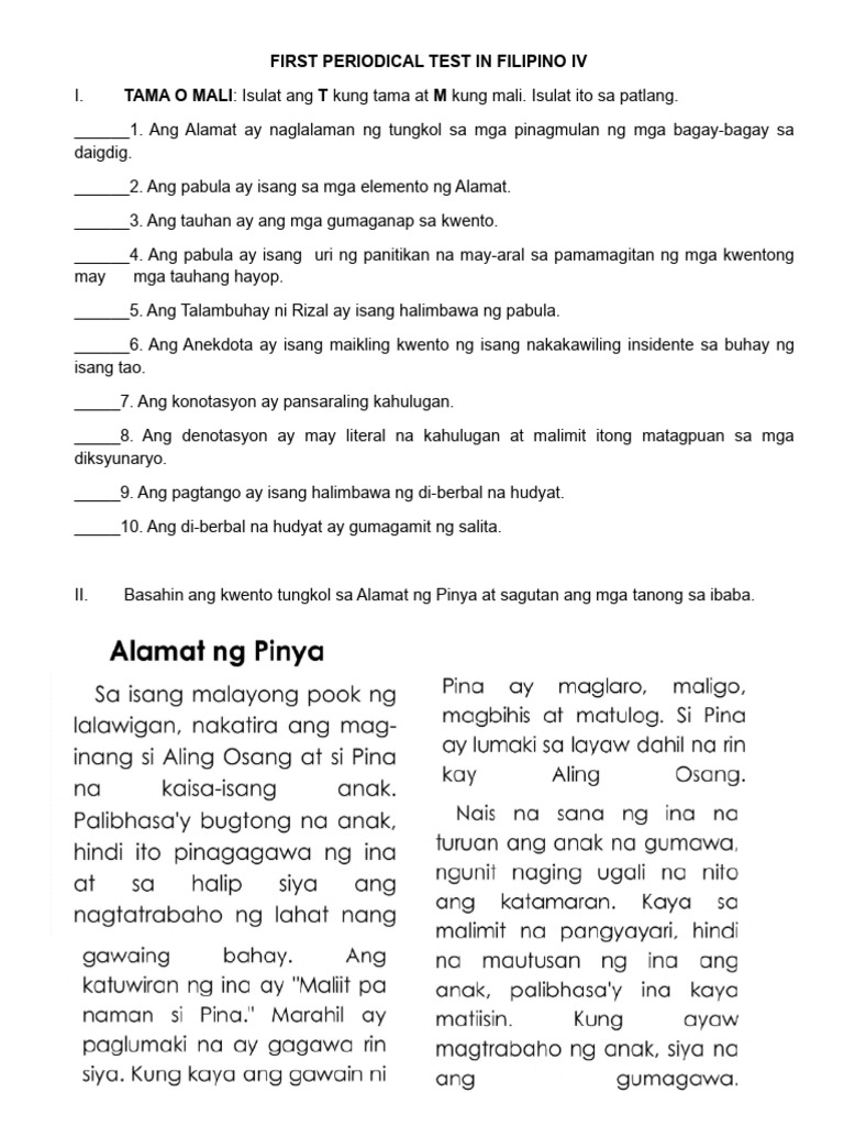 First Periodical Test in Filipino Iv... | PDF
