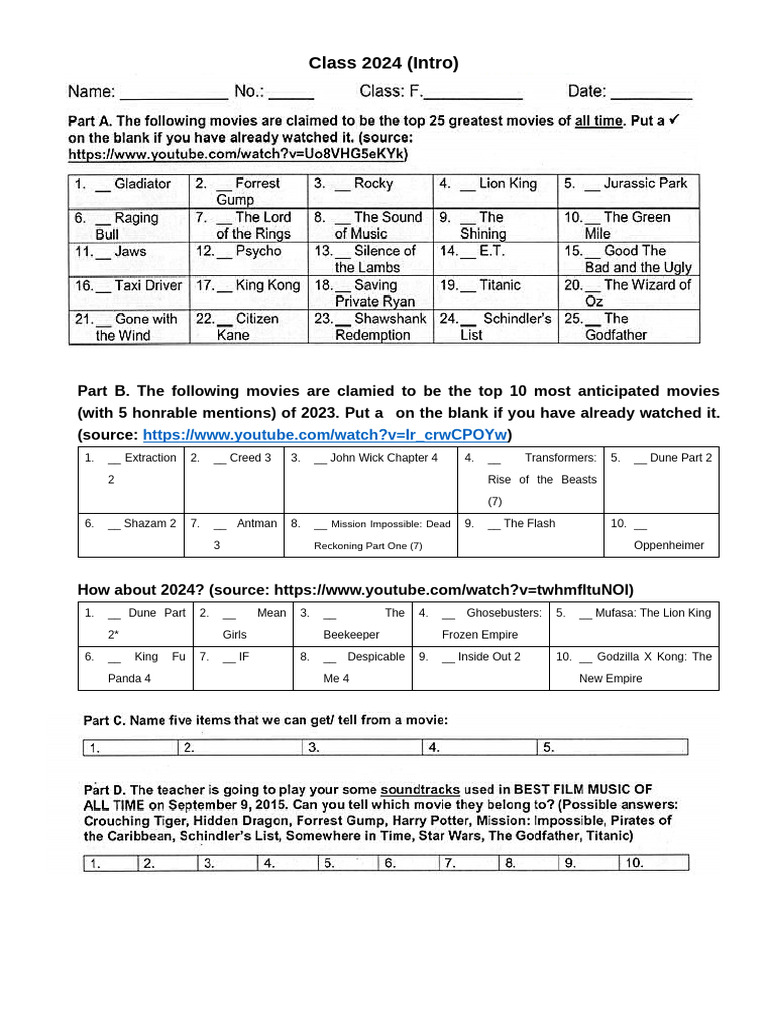 English Movie Appreciation Class 2024 | PDF