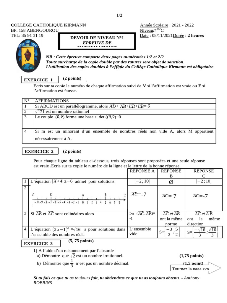 DST1 de Niveau 2nde C 08 Nov 2021 | PDF