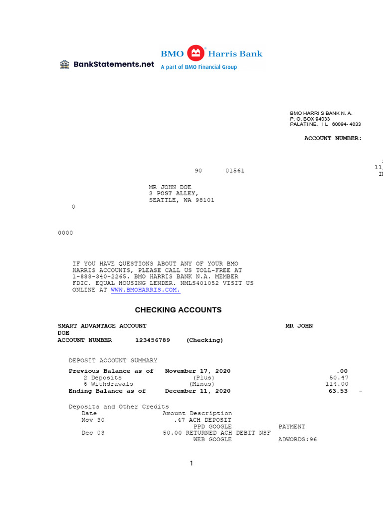 BMO Harris Bank Statement BankS | PDF