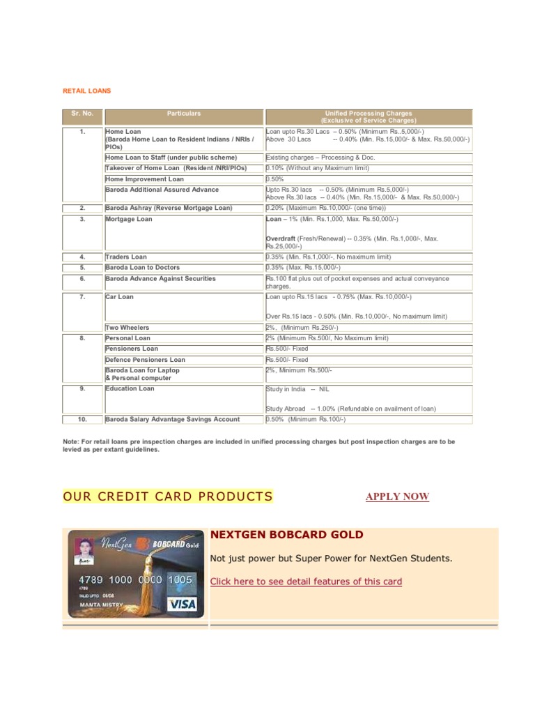 Sr. No. Particulars Unified Processing Charges (Exclusive of Service ...