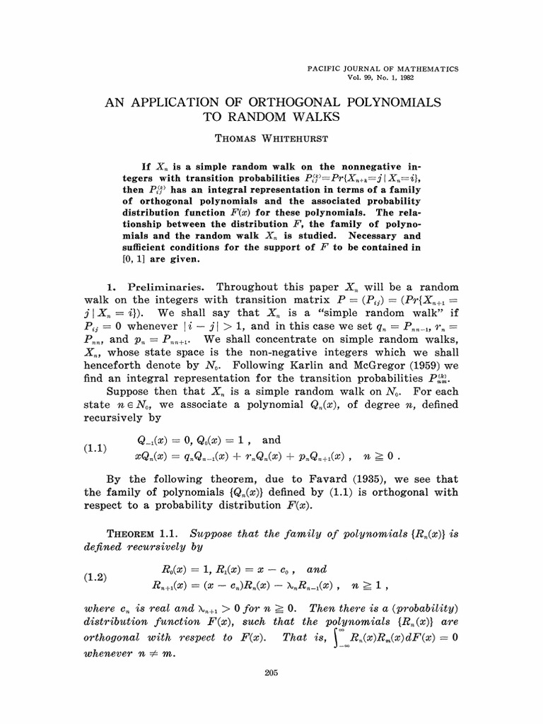 An Application of Orthogonal Polynomials To Random Walks: Thomas Whitehurst | PDF