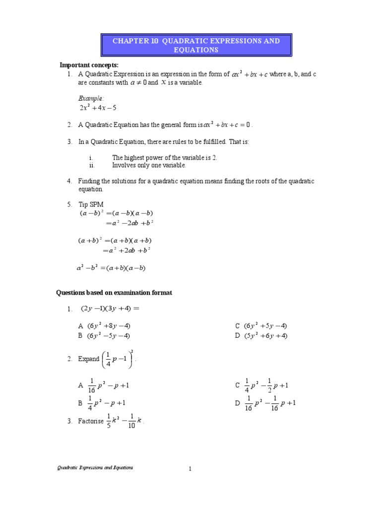 Chapter 10 I Quadratic Expressions ENRICH | PDF | Quadratic Equation ...