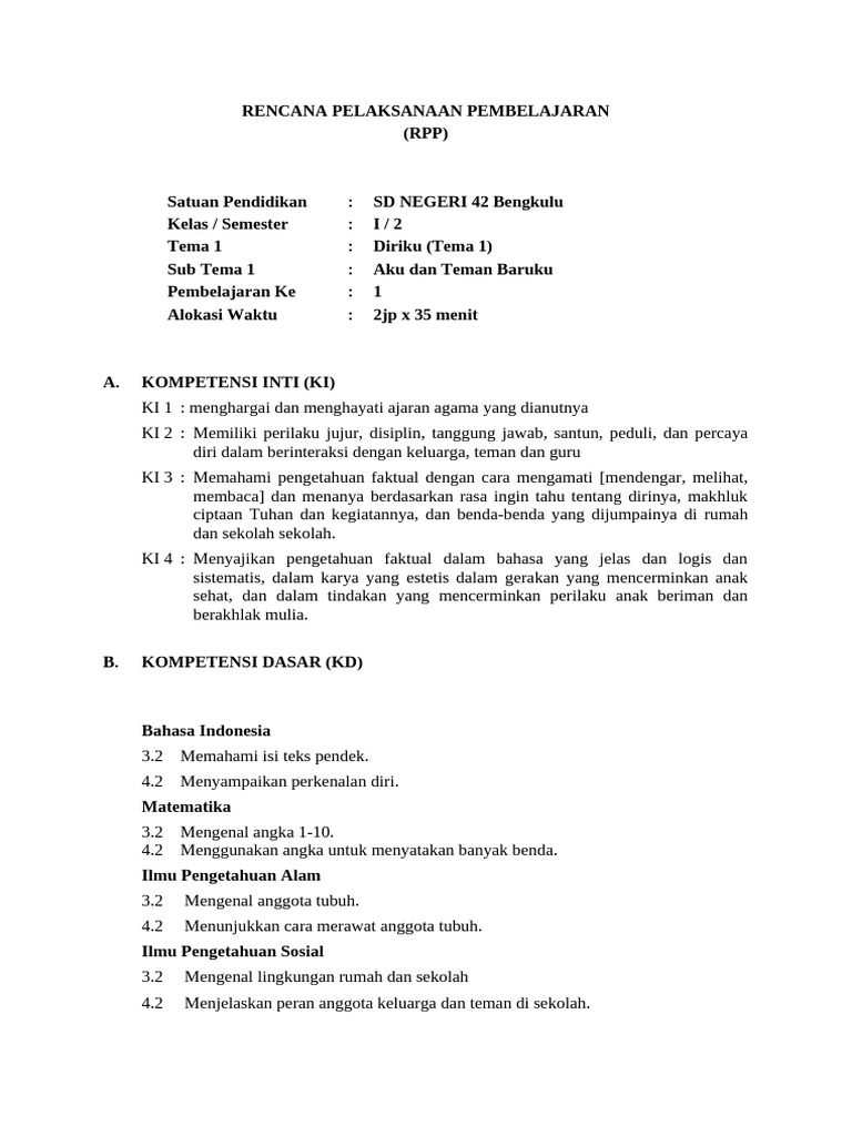 RPP Tematik Kelas 1 (Septrisa Nirmala) | PDF
