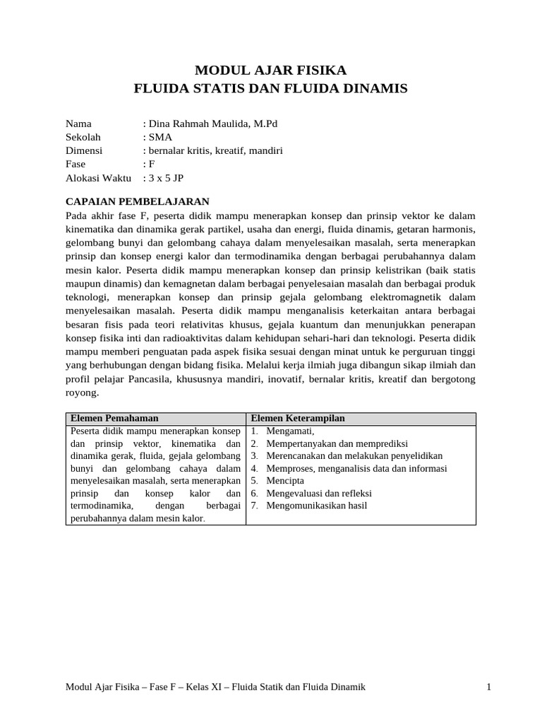 Modul Ajar 7 - Fluida Statis Dan Fluida Dinamis | PDF