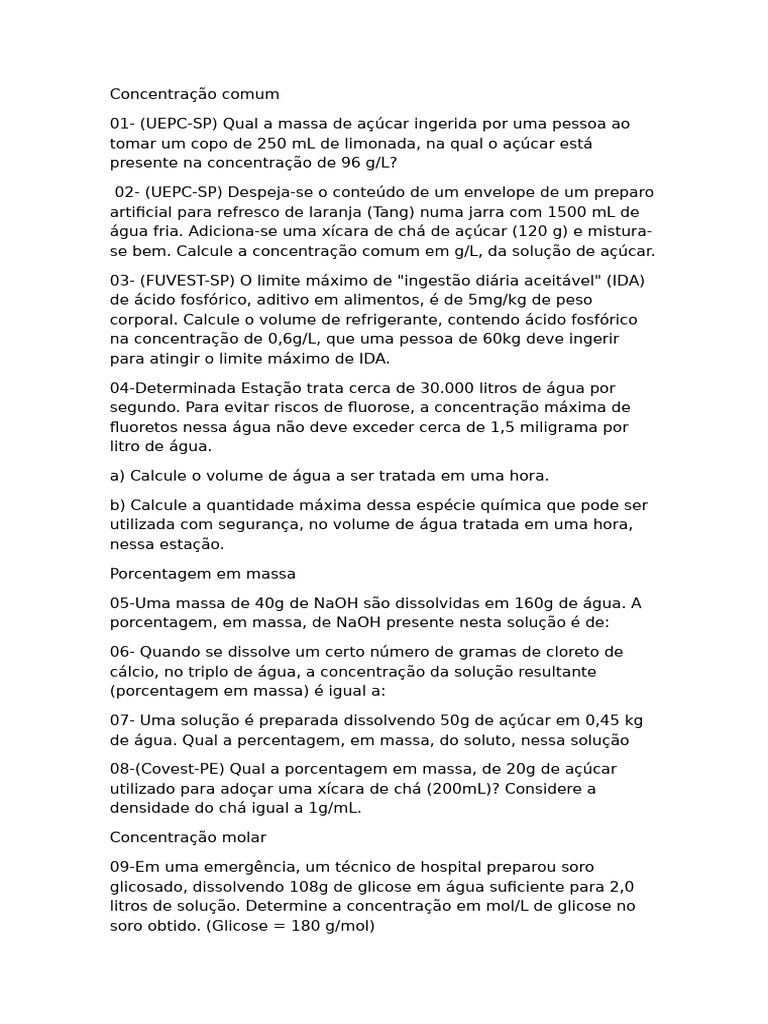 Lista De Exercícios Química 1 Ano Pdf