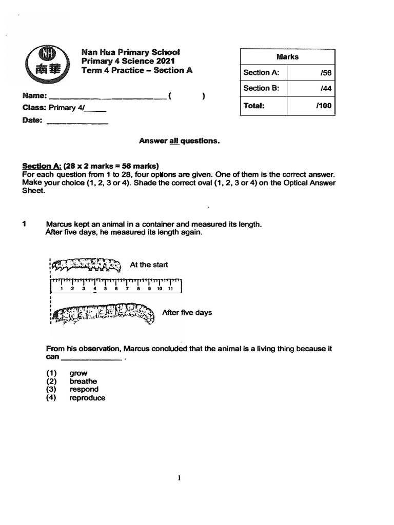 P4 Science SA2 2021 NanHua Exam Papers | PDF