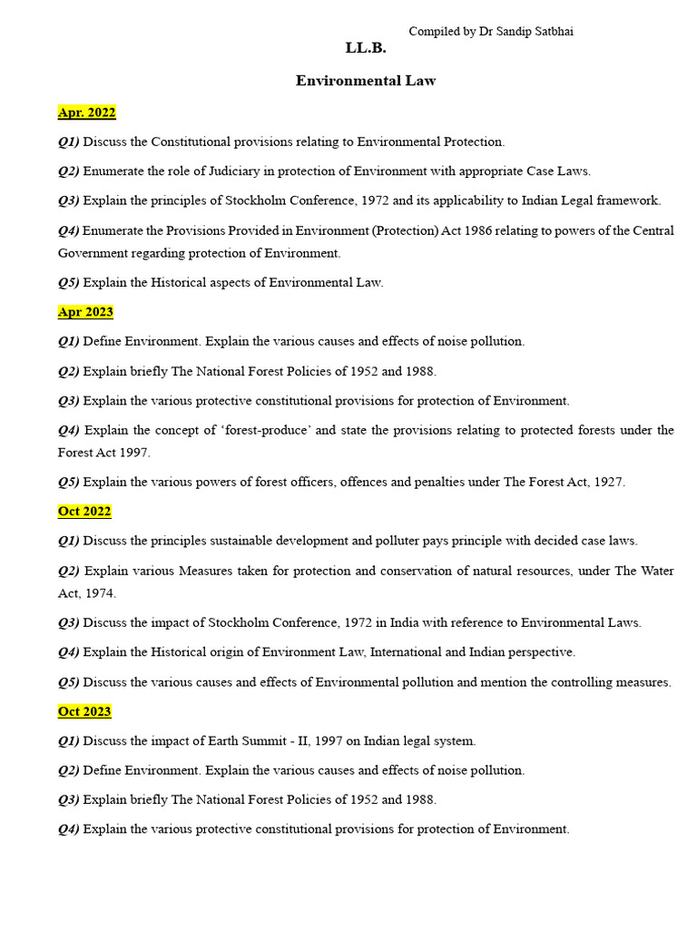 Que Bank-Env Law LLB QP-Apr-Oct-2022 & 2023 | PDF