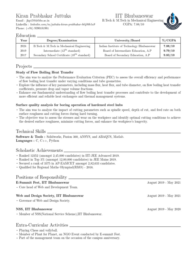 J Kiran Prabhakar Resume Mechanical | PDF