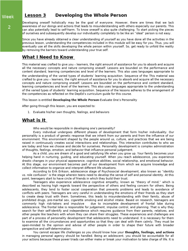 Lesson 3 Developing the Whole Person | PDF