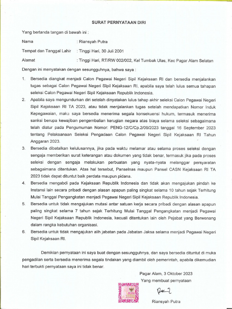 Scan Surat Pernyataan Diri Rian | PDF