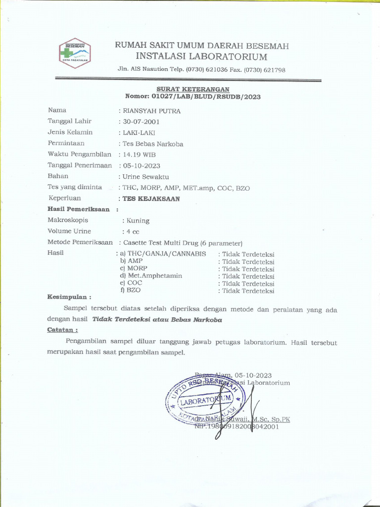 Scan Surat Keterangan Tidak Menkonsumsi Narkoba Rian | PDF