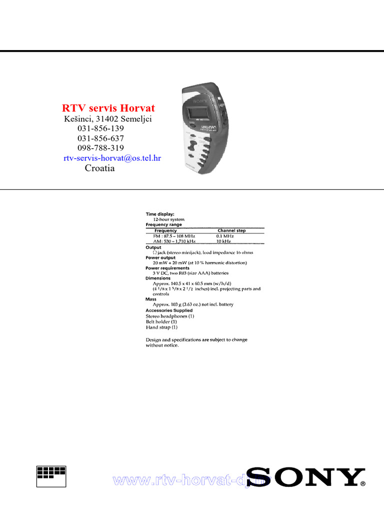 Sony Hand Radio Model SRFM73 | PDF