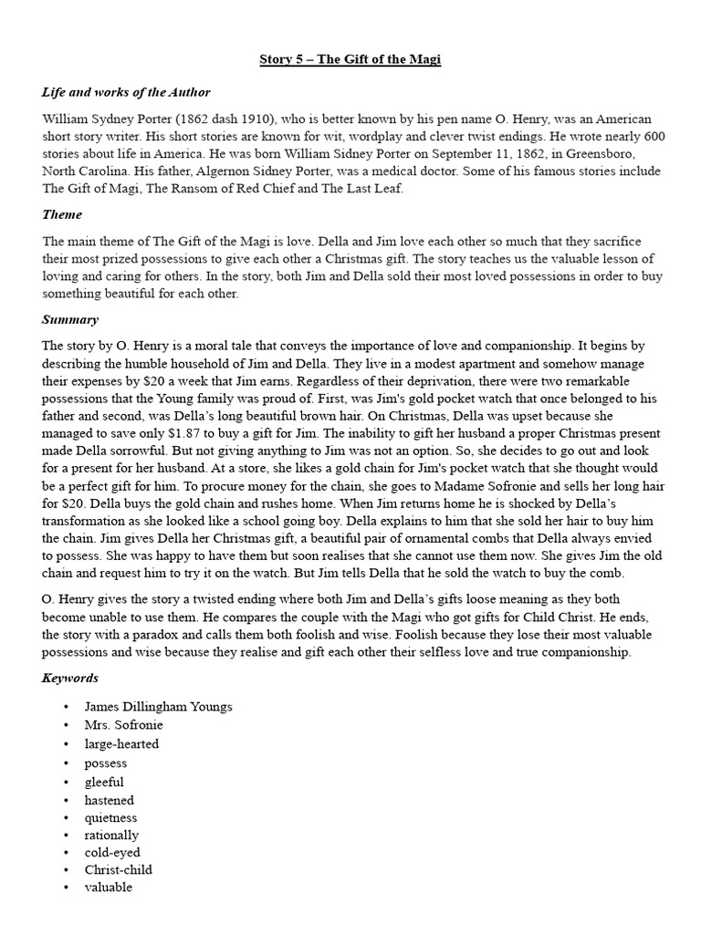 Story 5 - The Gift of The Magi - Notes | PDF