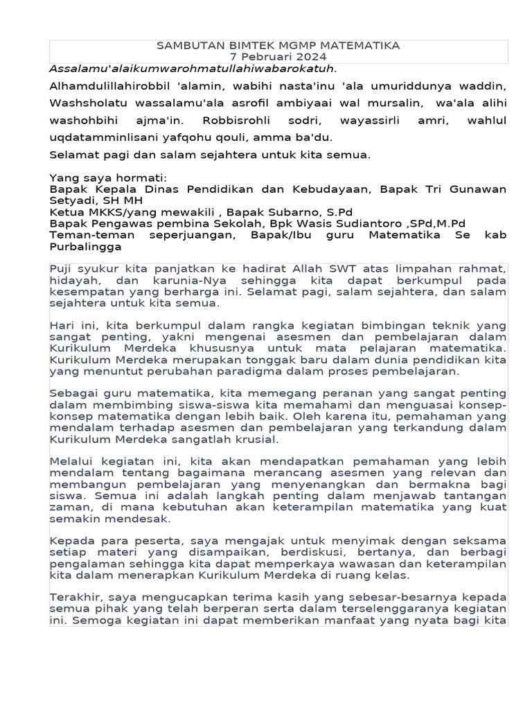 SAMBUTAN BIMTEK MGMP MATEMATIKA | PDF