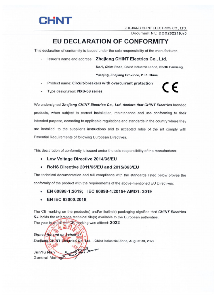 DOC202219-CHINT-NXB_63-EU DECLARATION CONFORMITY-CE-2022 | PDF