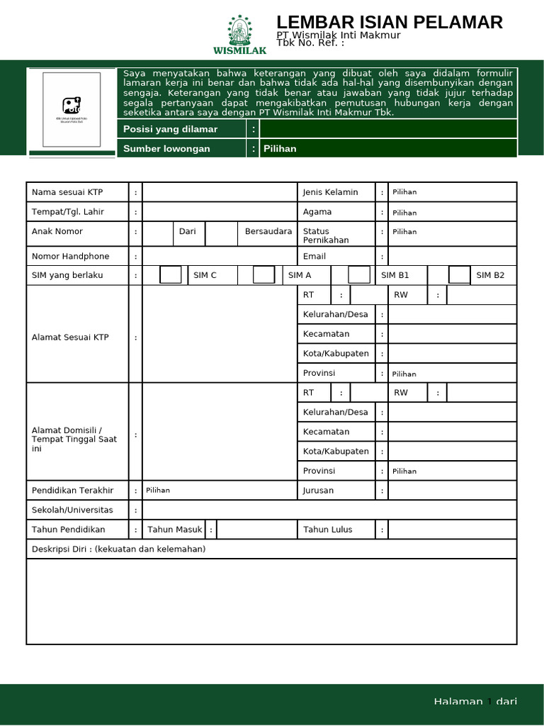 Wismilak New Lembar Isian Pelamar - Nama | PDF