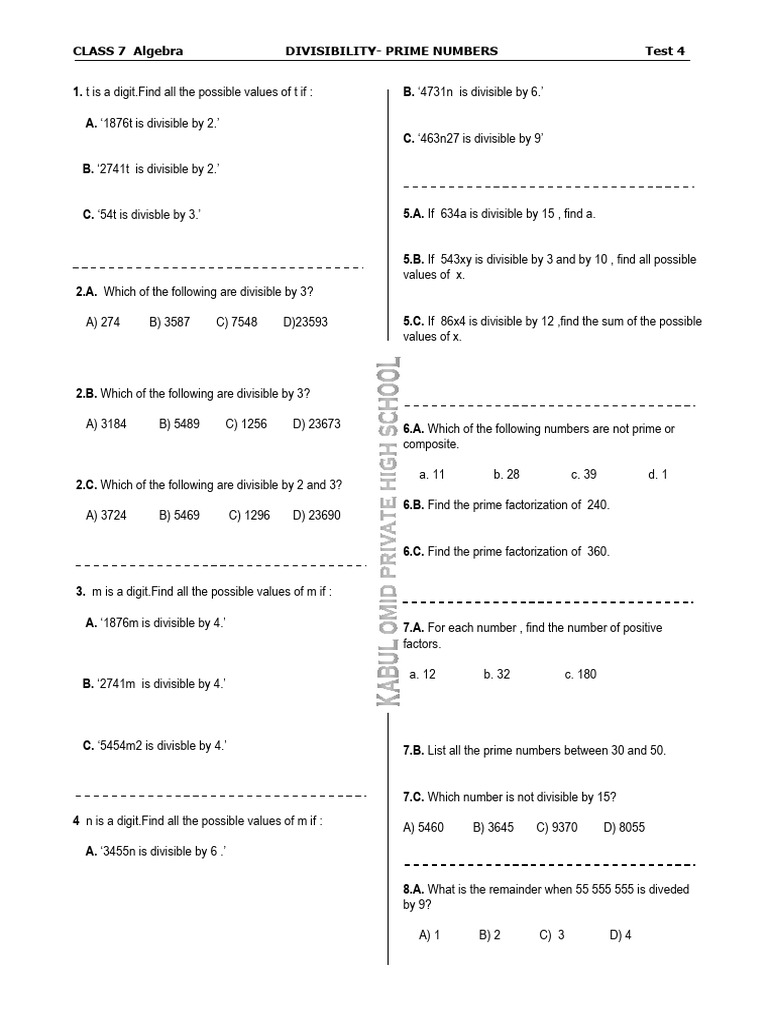 Grade 7 Divisibility Test Worksheet | PDF | Prime Number | Abstract Algebra