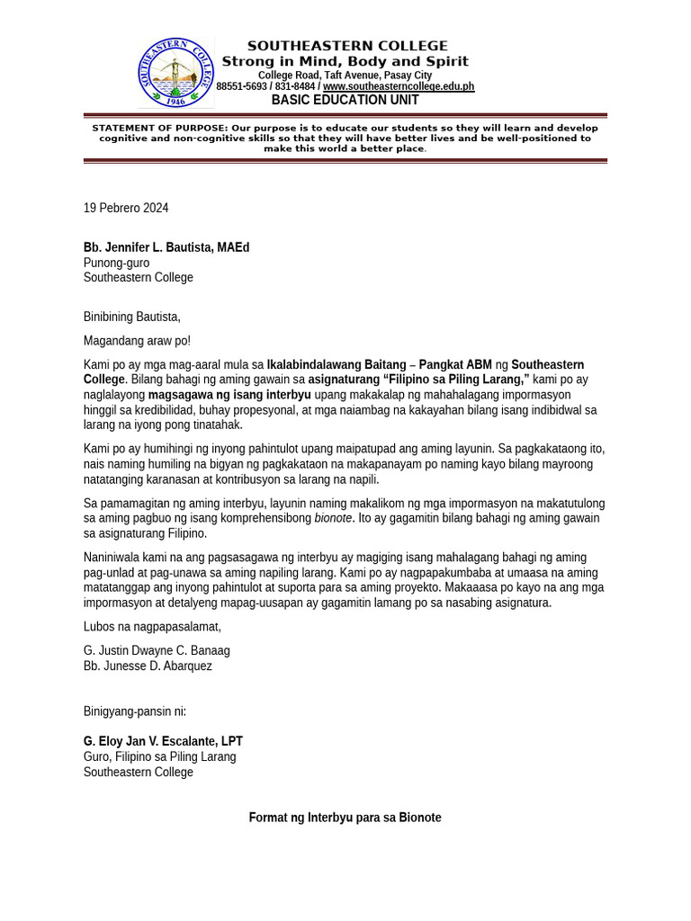Pagsasagawa NG Interbyu - Bionote | PDF
