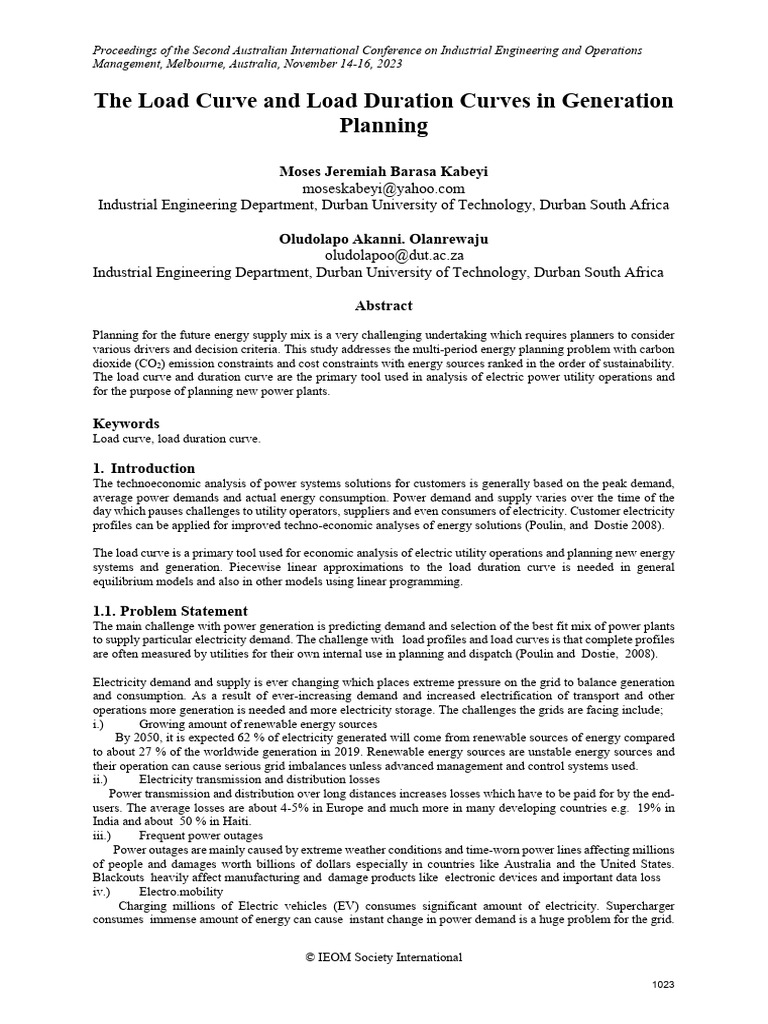 245 The Load Curve And Load Duration Curves In Generation Planning PDF