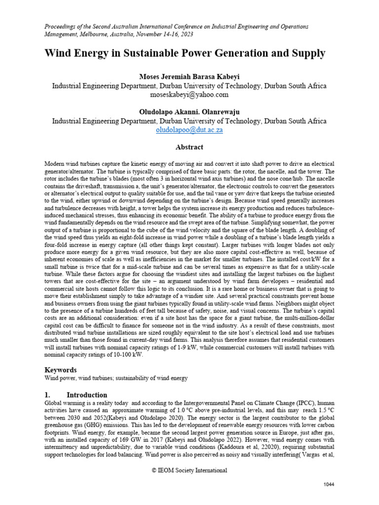 246 Wind Energy in Sustainable Power Generation and Supply | PDF