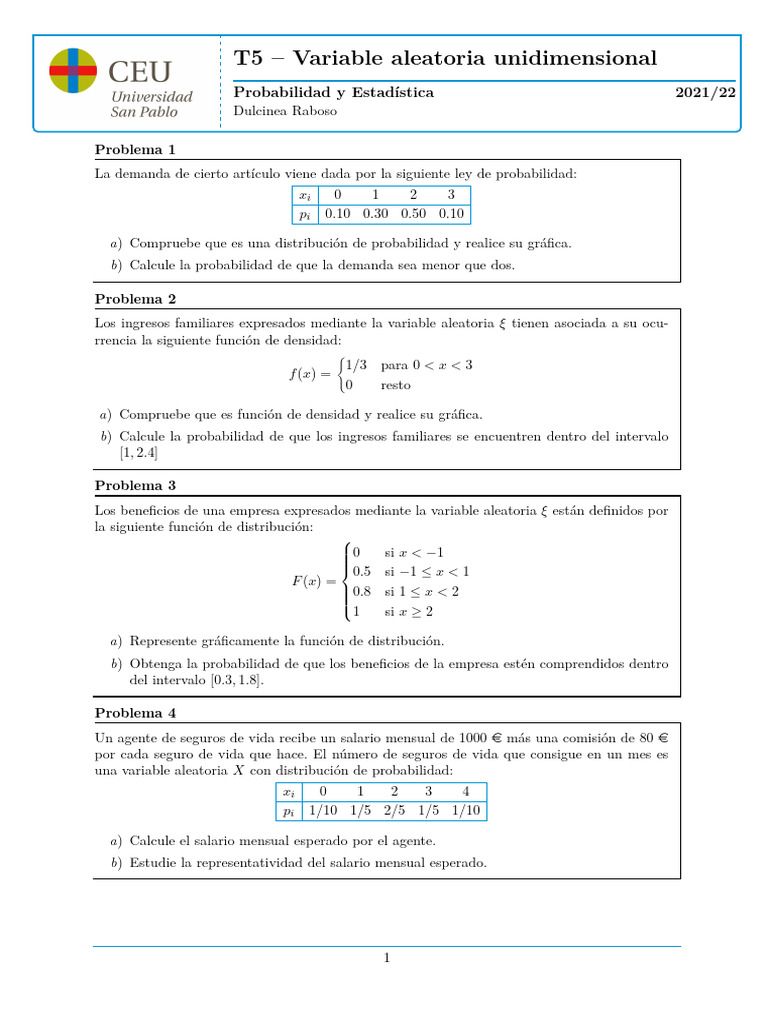 Ejercicios Tema 5 - Variable Aleatoria Unidimensional | PDF | Variable aleatoria | Métodos y ...