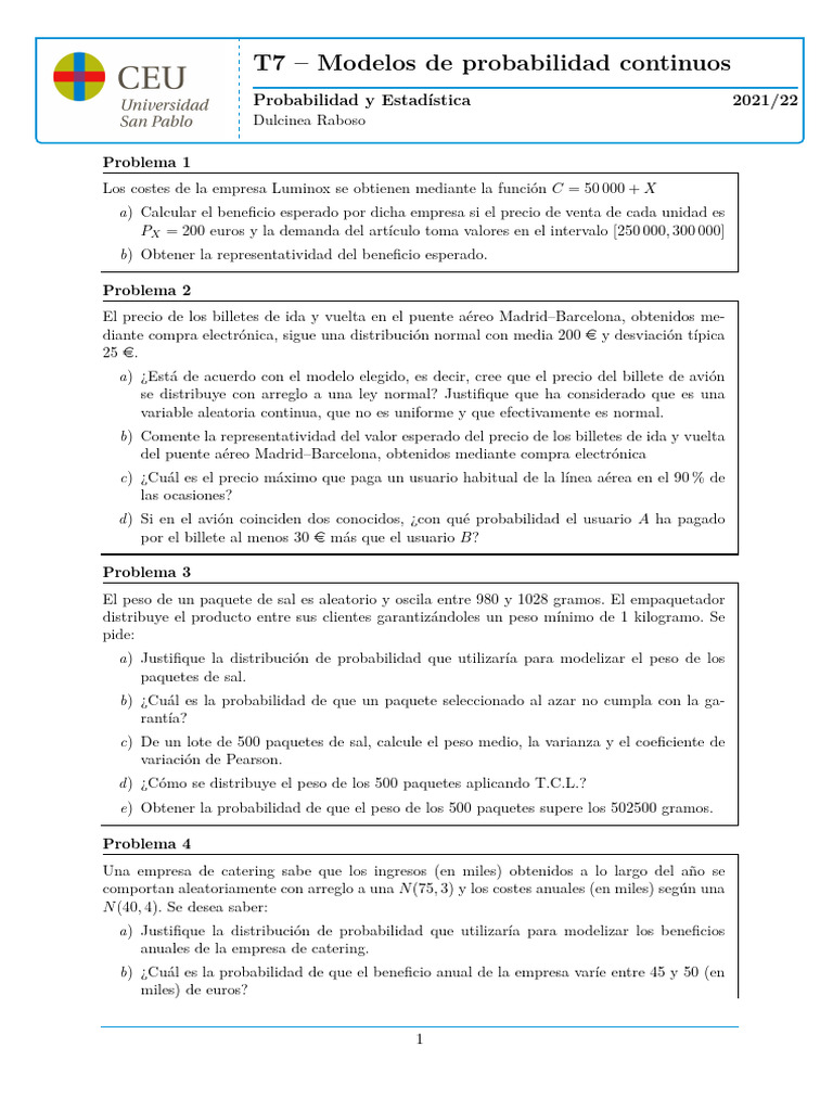 Ejercicios Tema 7 - Modelos de Probabiliad Continuos | PDF | Probabilidad | Tecnología e ingeniería