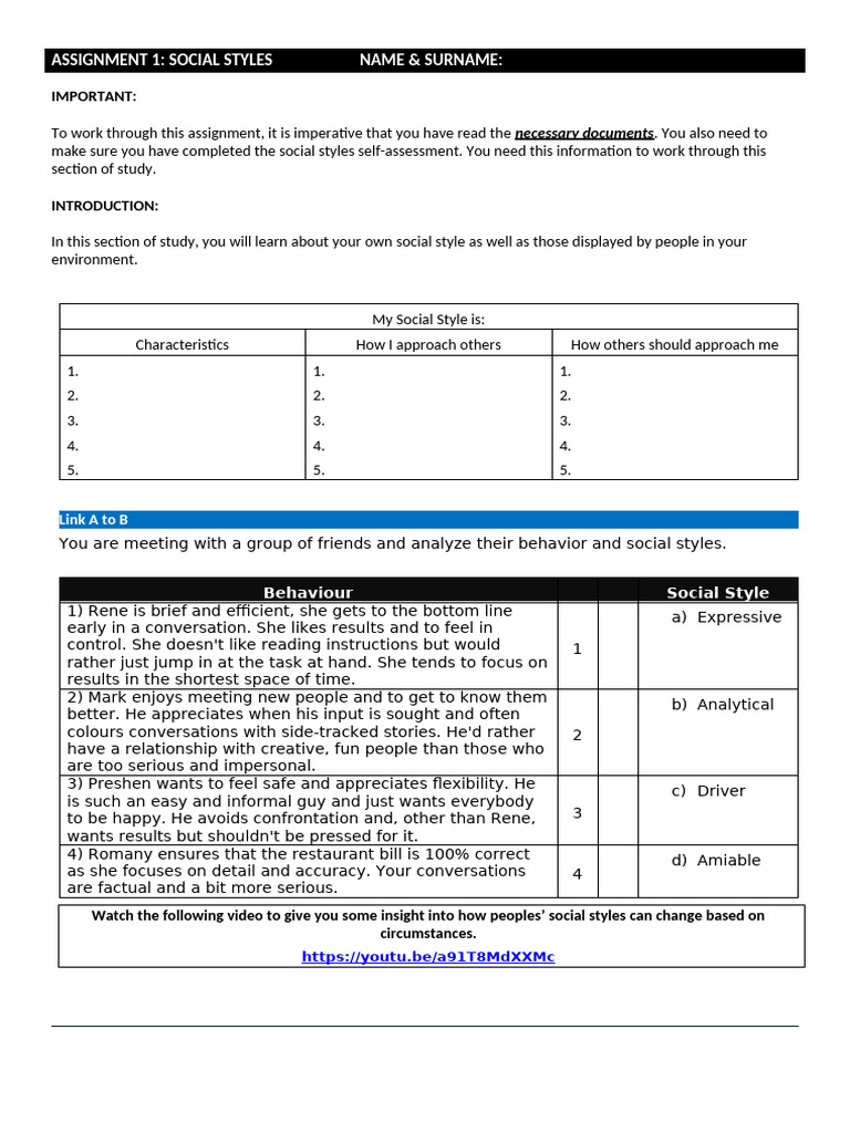 Social Styles - Assignment (All4Youth) | PDF