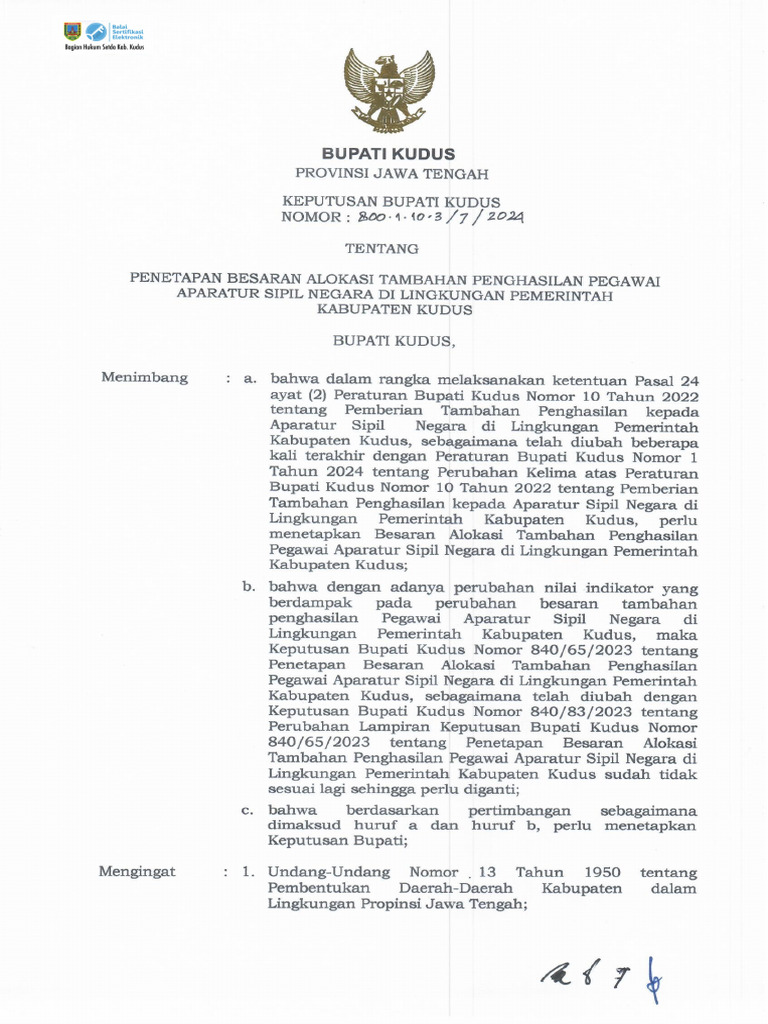 SK No 800 1 10 3-7-2024 TTG Penetapan Besaran TPP Sign | PDF