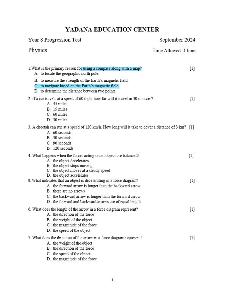 Physics Year 8 Sept Test | PDF