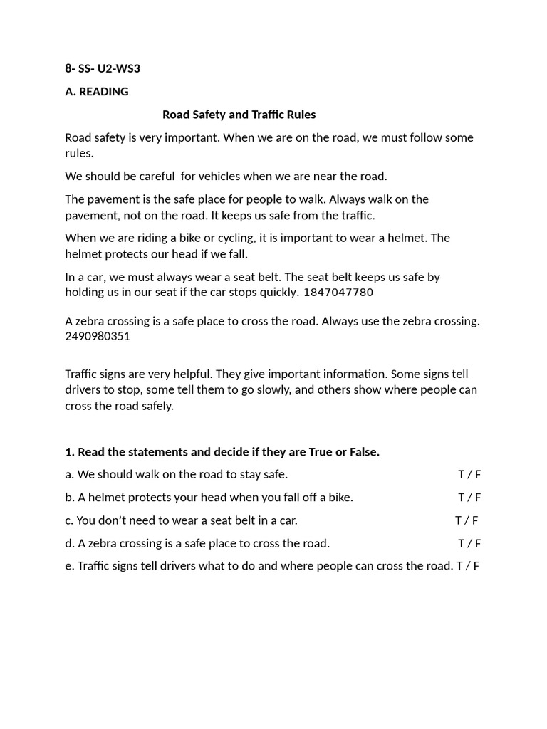 8-SS - U2-WS3 A. Reading Road Safety and Traffic Rules | PDF