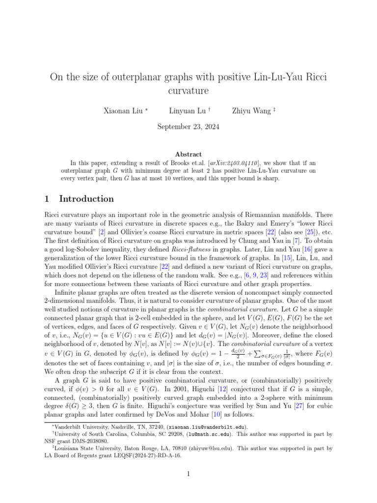 On The Size of Outerplanar Graphs With Positive Lin-Lu-Yau Ricci Curvature | PDF