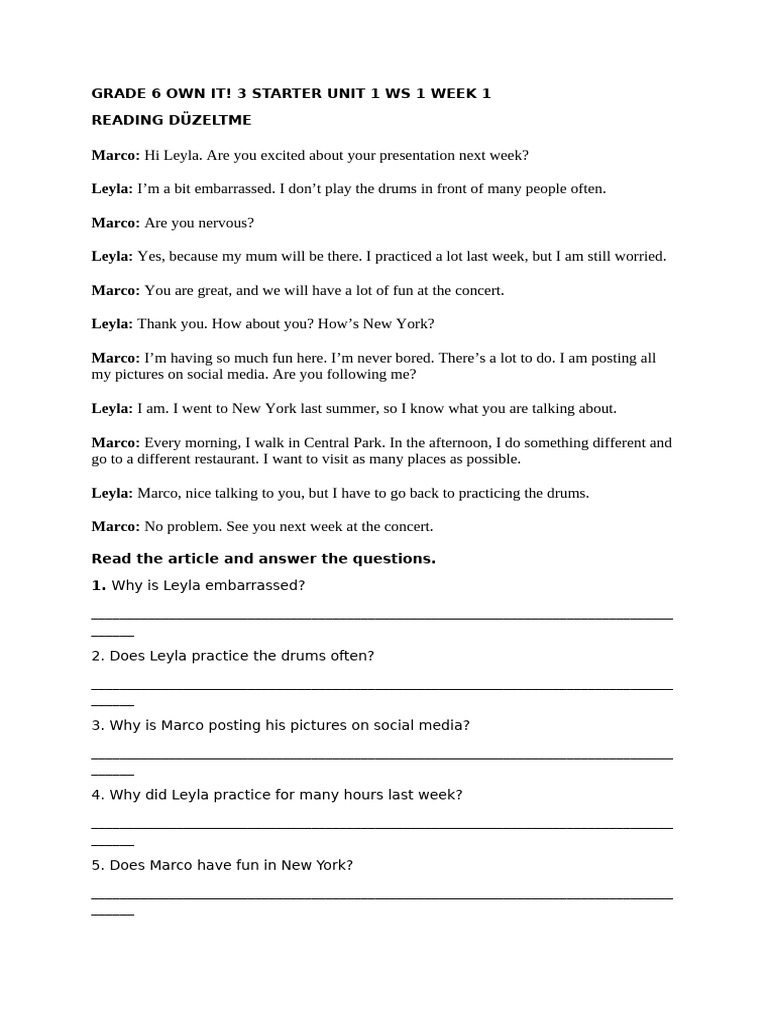 Grade 6 Own It! 3 Starter Unit 1 Ws 1 Week 1 | PDF