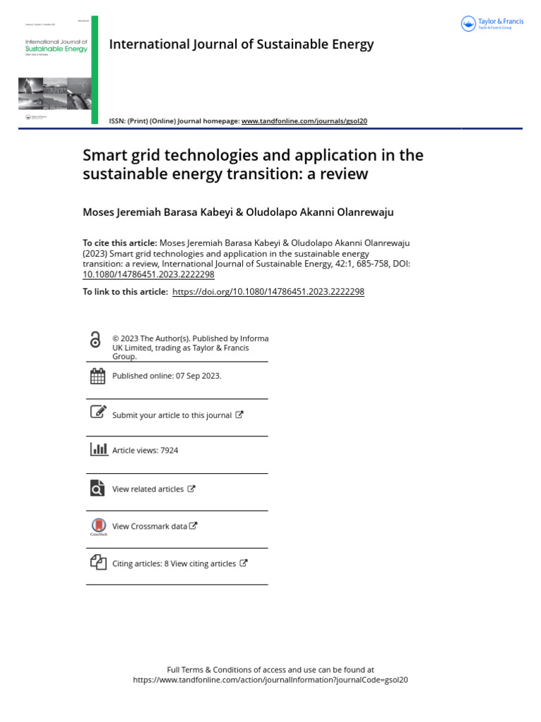 Smart Grid Technologies And Application In The Sustainable Energy Transition A Review Pdf