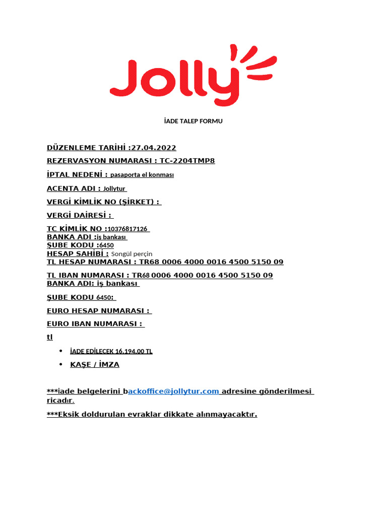 Nakit İade Formu Kopyası | PDF