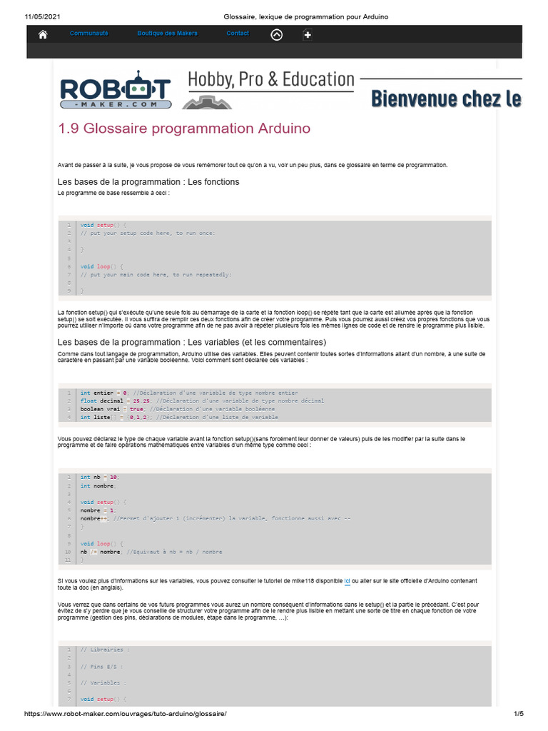 Glossaire Programmation Lexique Arduino | PDF