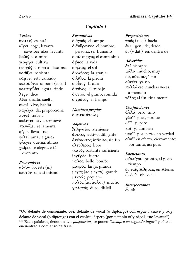 Léxico de Athenaze: Capítulos I-V | PDF | Semántica | Artes del ...