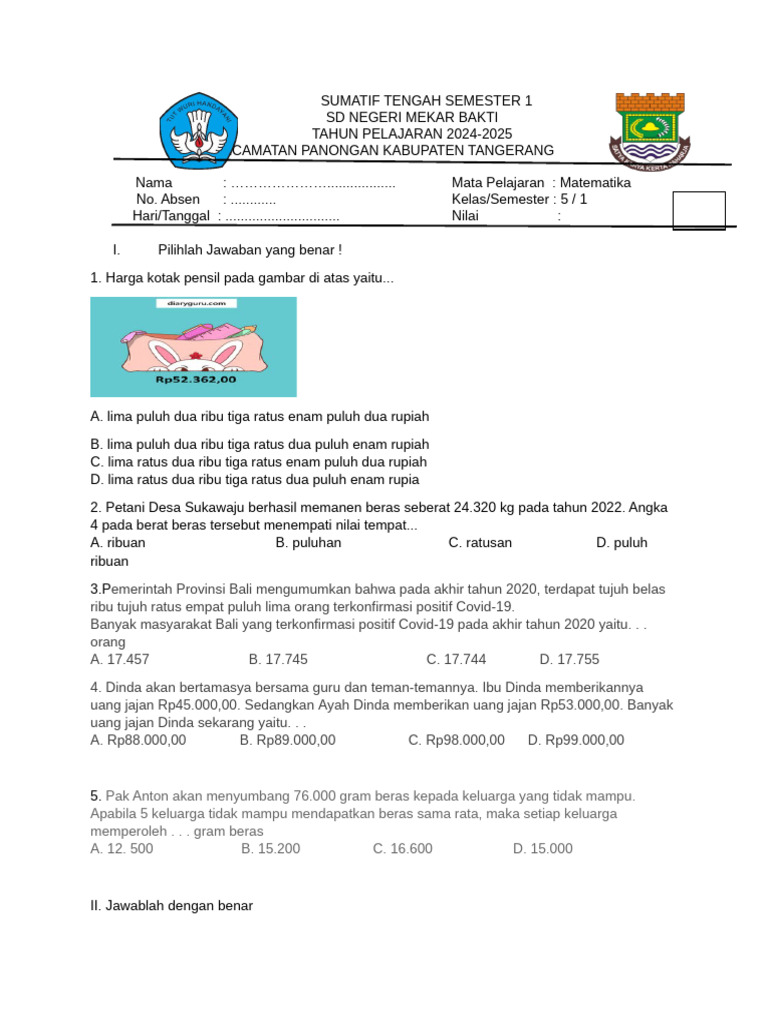 soal sts matematika semtr 1 kls 5 | PDF