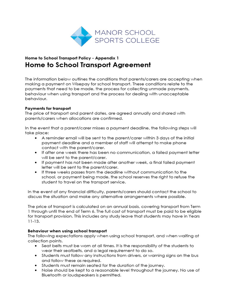 School Transport Agreement - 2 | PDF | Wellness